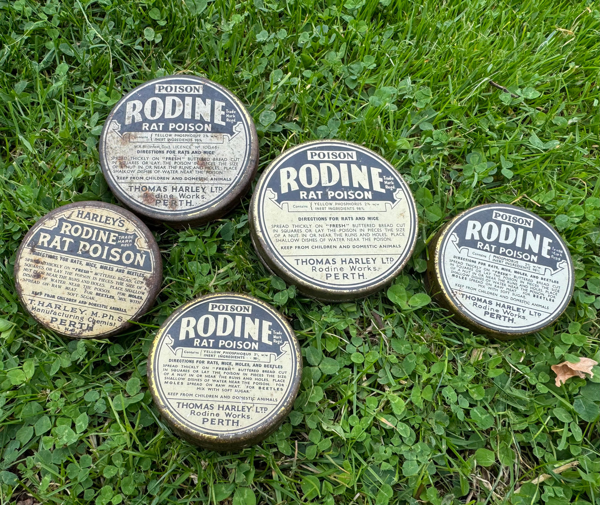 Five vintage Rodine Rat Poison Tins Harleys Perth – Poacher's Pocket ...