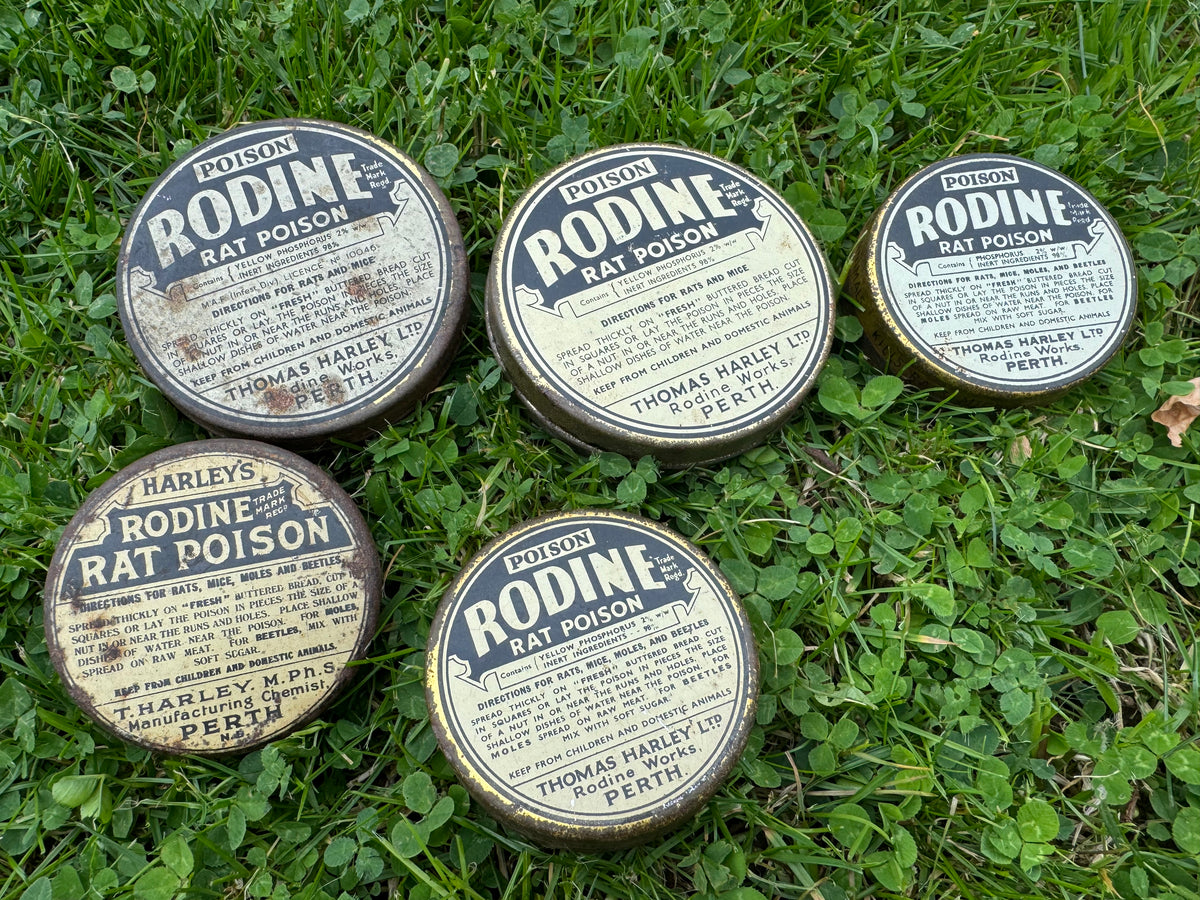 Five vintage Rodine Rat Poison Tins Harleys Perth – Poacher's Pocket ...